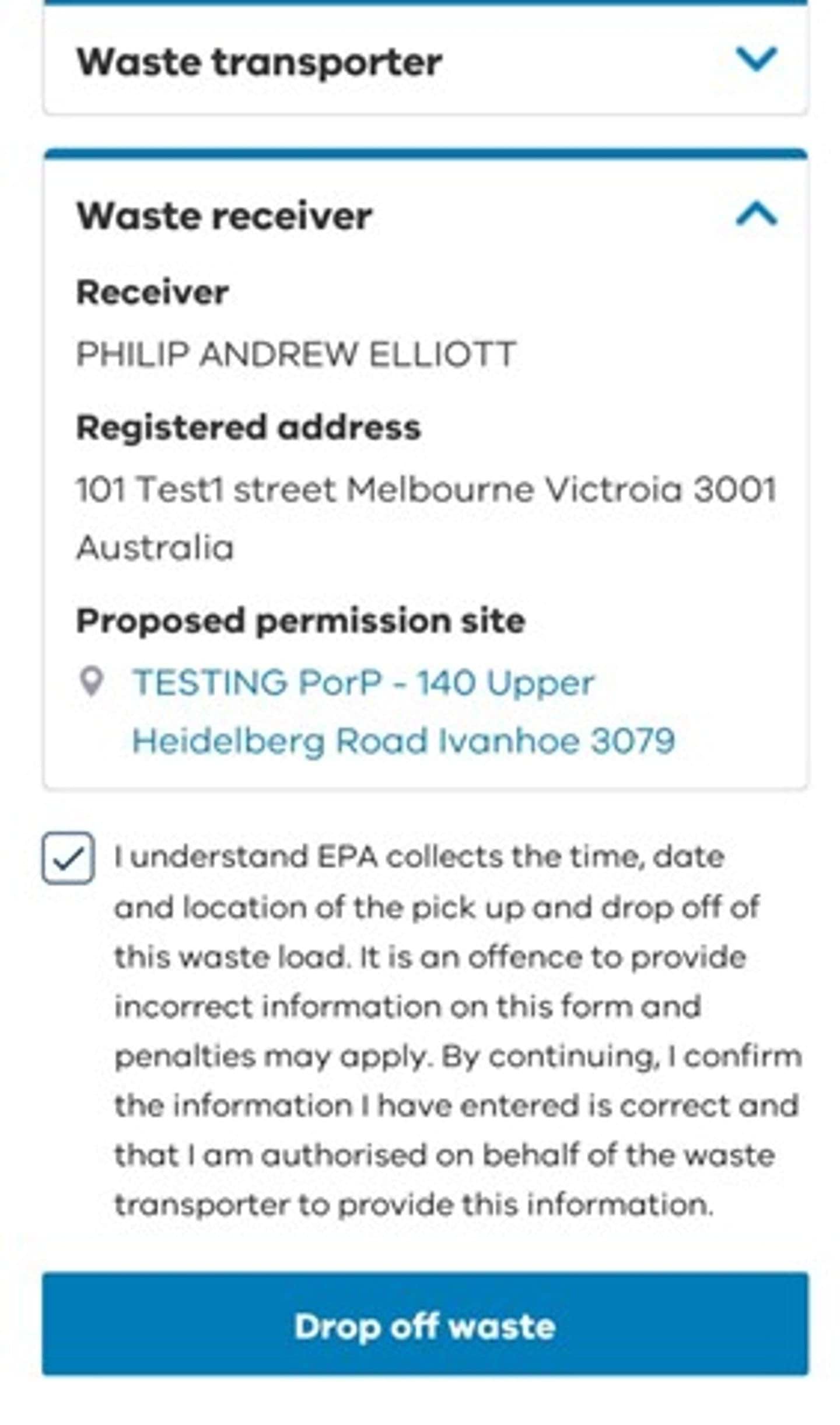 How a driver can drop off waste in the Waste Tracker app | epa.vic.gov.au