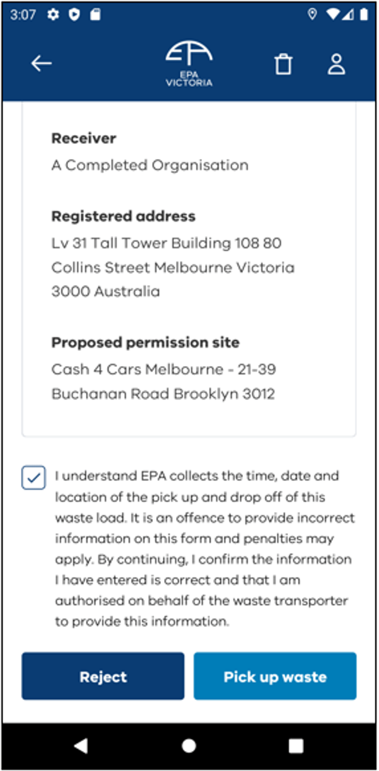 How a driver can pick up waste in the Waste Tracker app | epa.vic.gov.au