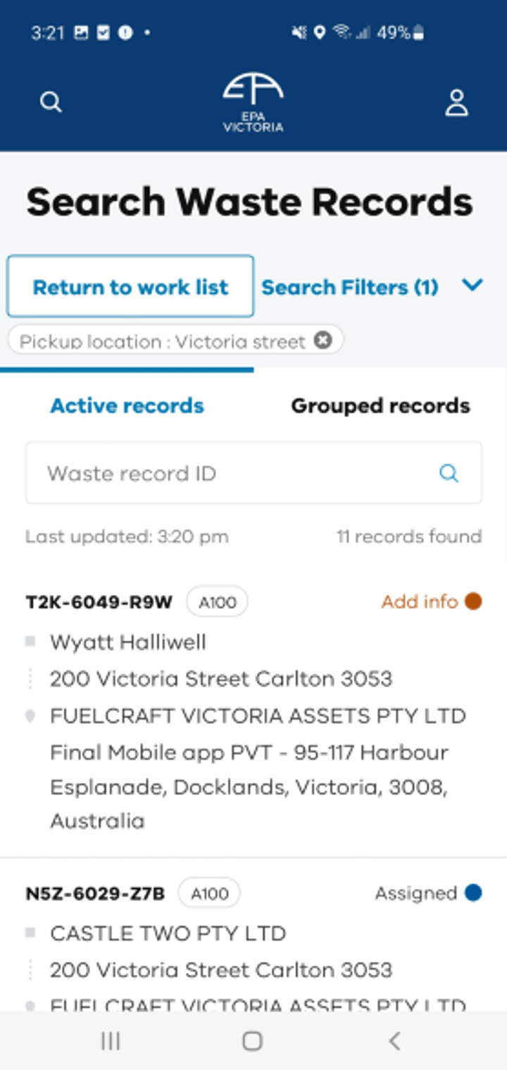 How a driver can search for records on the Waste Tracker app | epa.vic ...