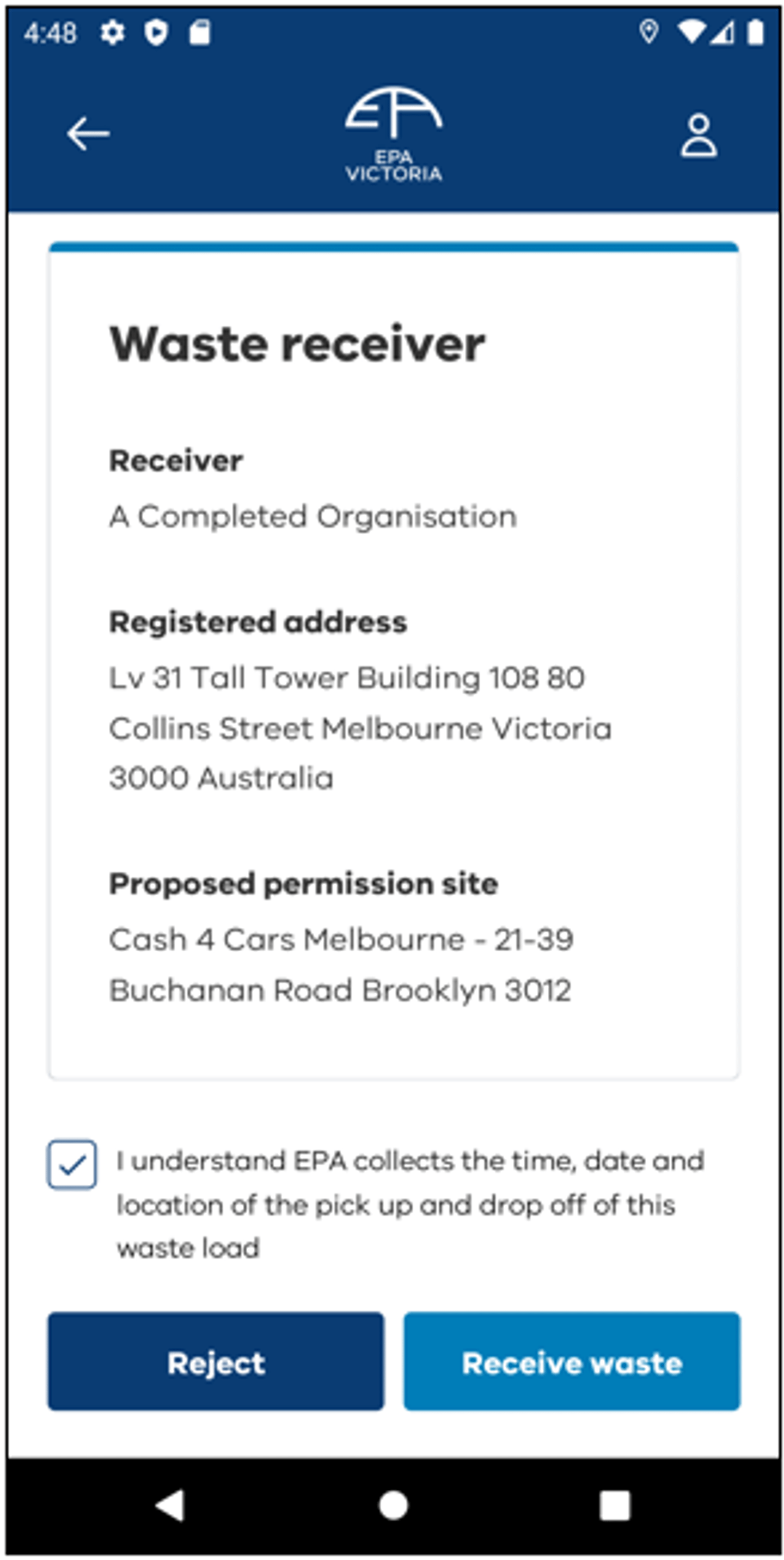How a receiver can reject waste in Waste Tracker app | epa.vic.gov.au