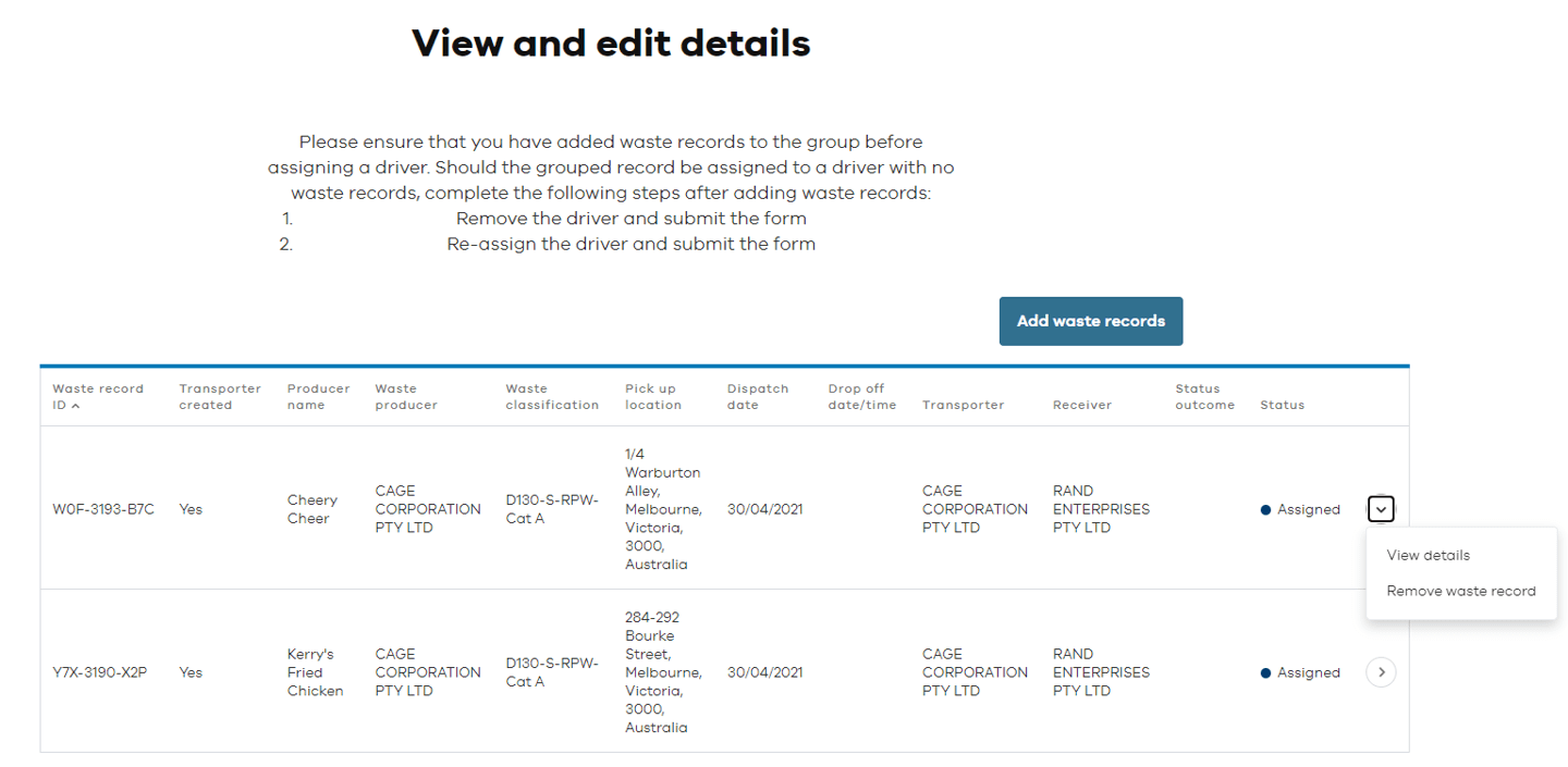 How a transporter can view a grouped waste record using Waste Tracker ...